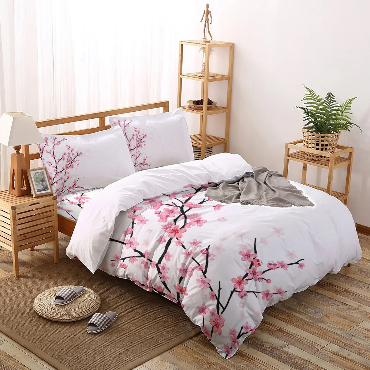 Pale Pink Duvet Cover Set, Sakura Branch with Cherry Flowers Tender ...