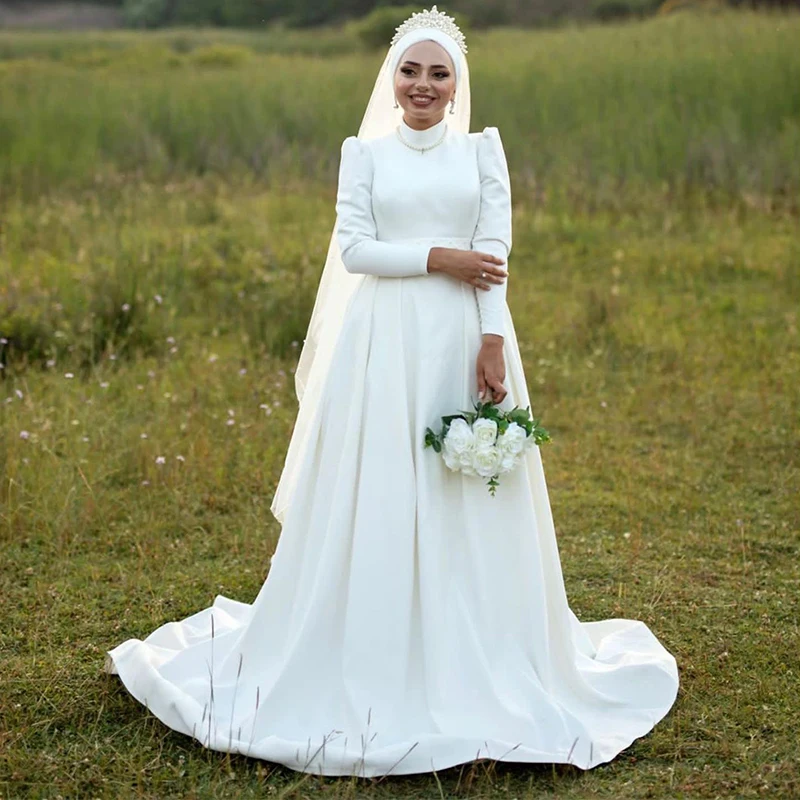 White-Muslim-Wedding-Dresses-for-Hijab-Bride-High-Collar-Long-Puff ...