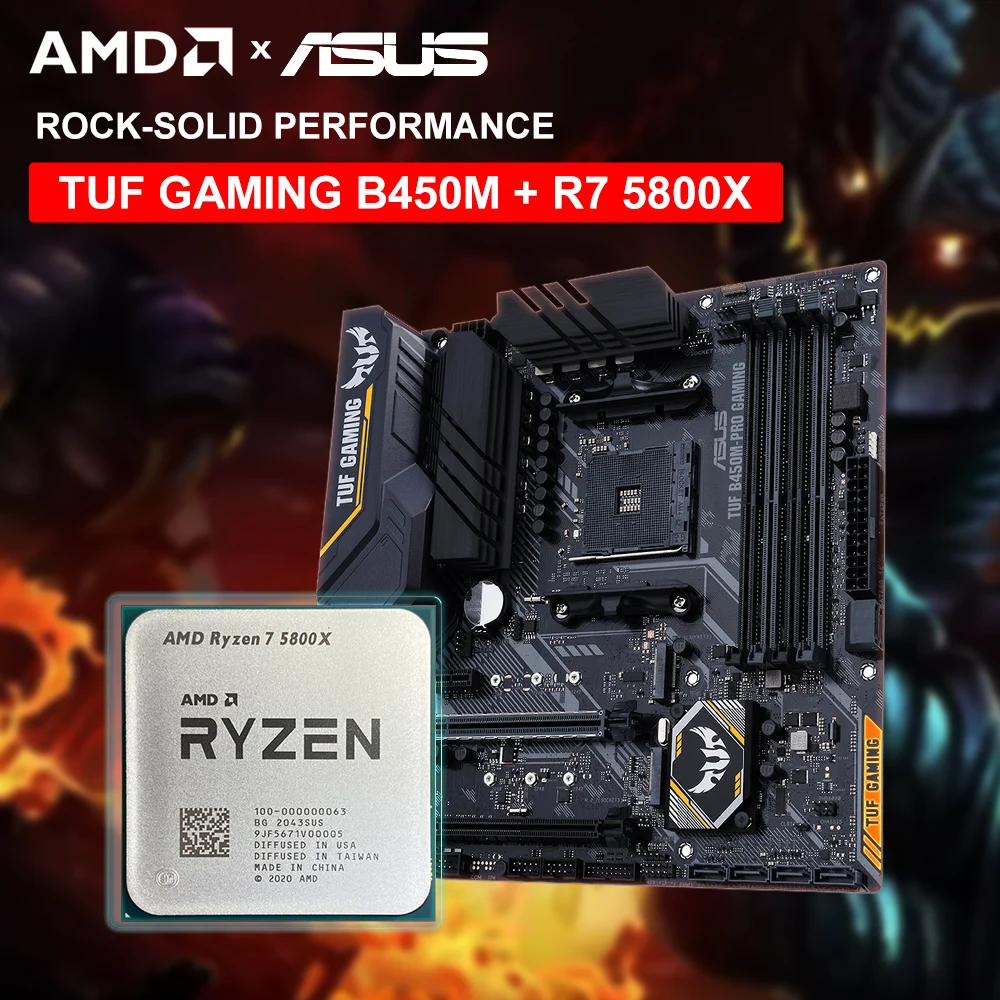 AMD 라이젠 7 5800X R7 5800X + 아수스 TUF B450M 프로 게이밍 마더보드, 8 코어 16 스레드 CPU 프로세서 소켓 AM4 프로세서, 신제품 ...