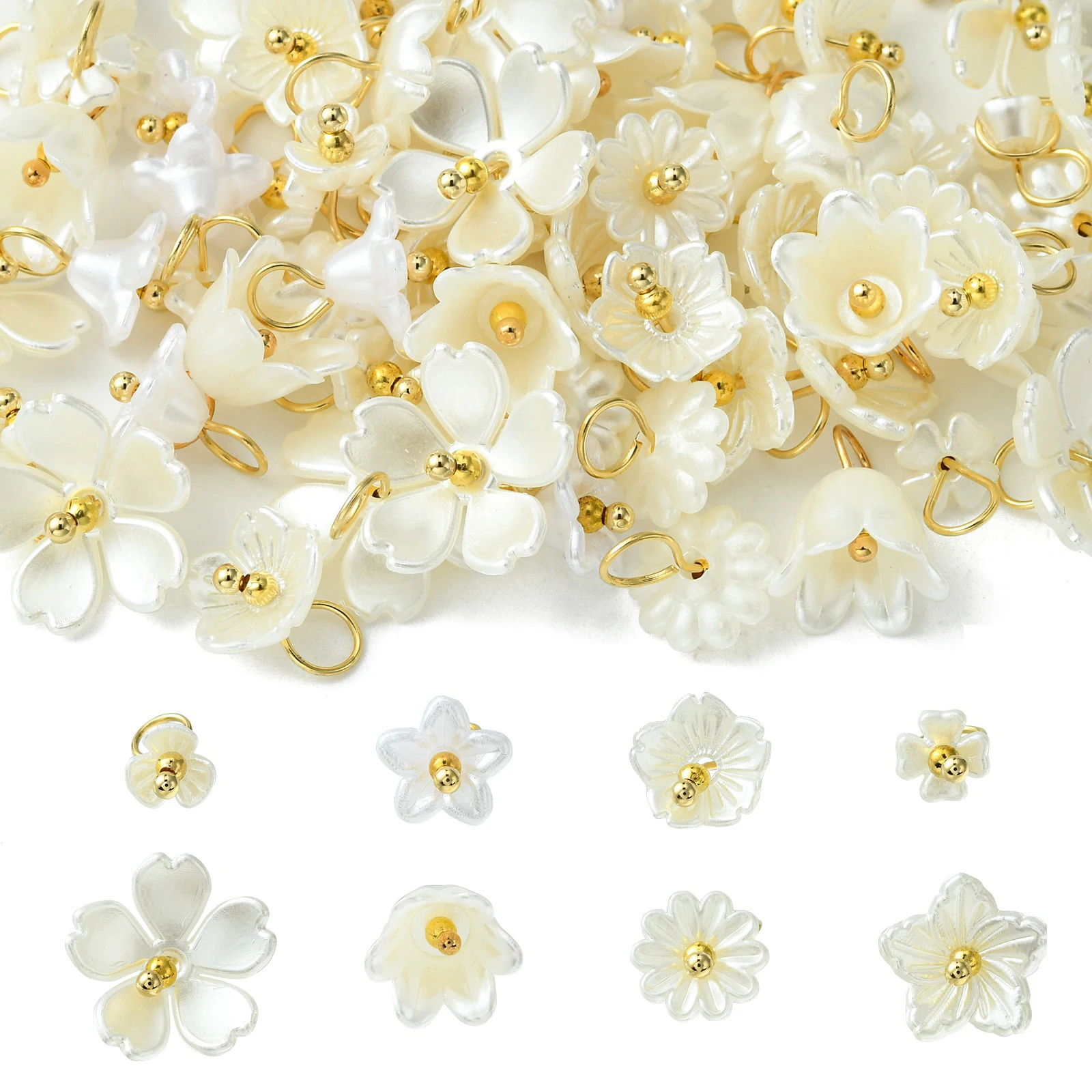 Pandahall 80Pcs 8 Styles White Flower Charms Imitated Pearl Acrylic ...