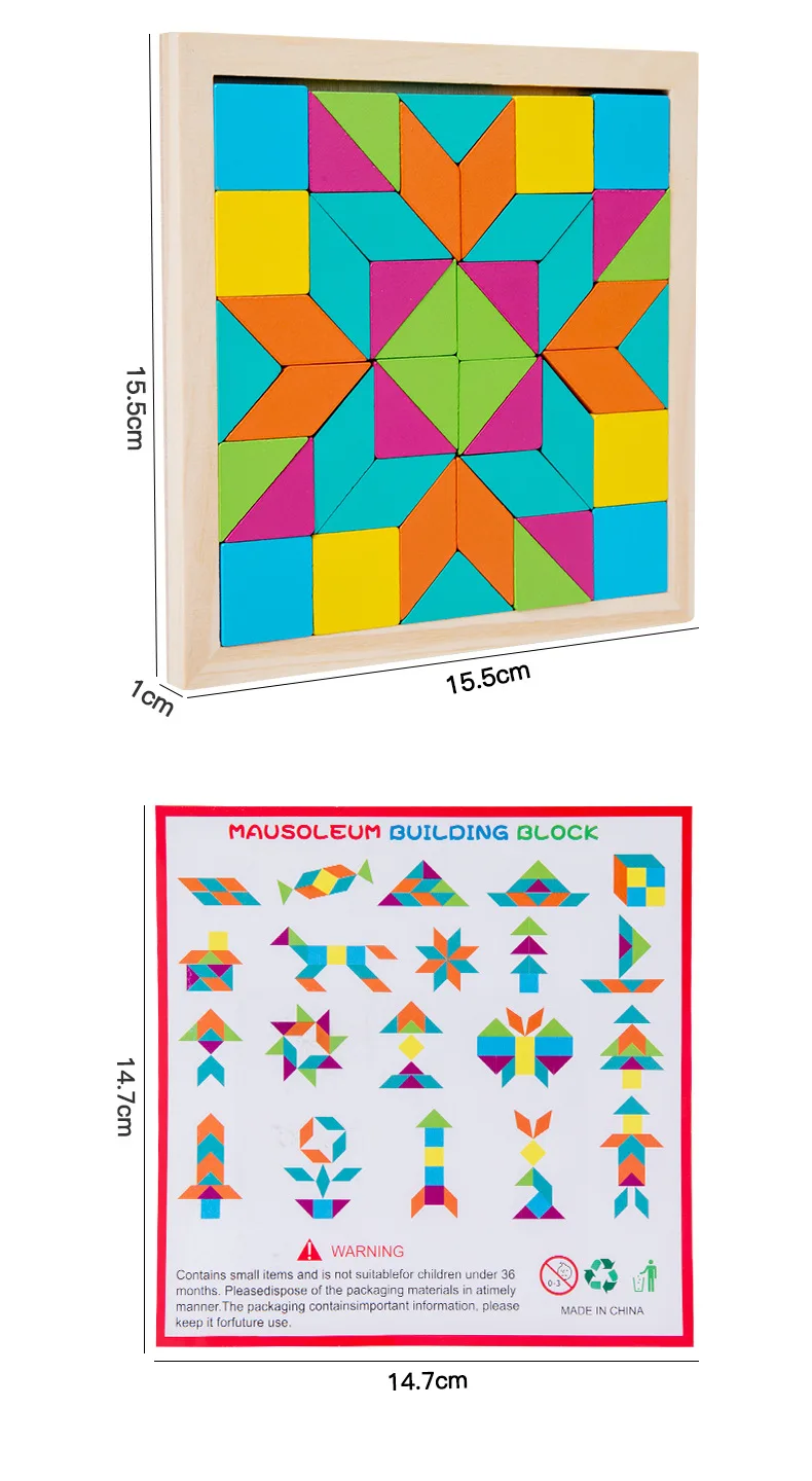 Wooden Pattern Blocks Set Geometric Shape Puzzle Kindergarten Classic ...