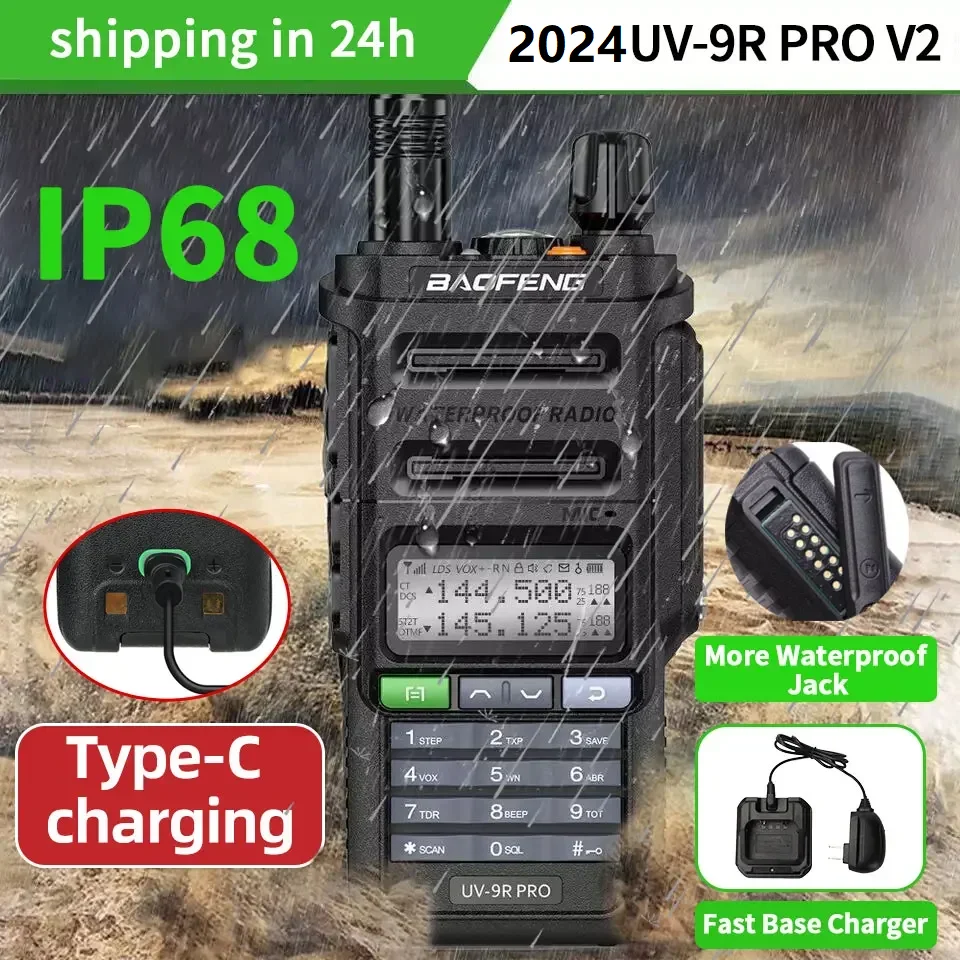장거리용 무전기 2024 Baofeng UV-9R Pro V1 V2 방수 무전기, IP68, 16km, C타입 충전기, UHF VHF 장거리 UV-5R 업그레이드, 햄 cb ...
