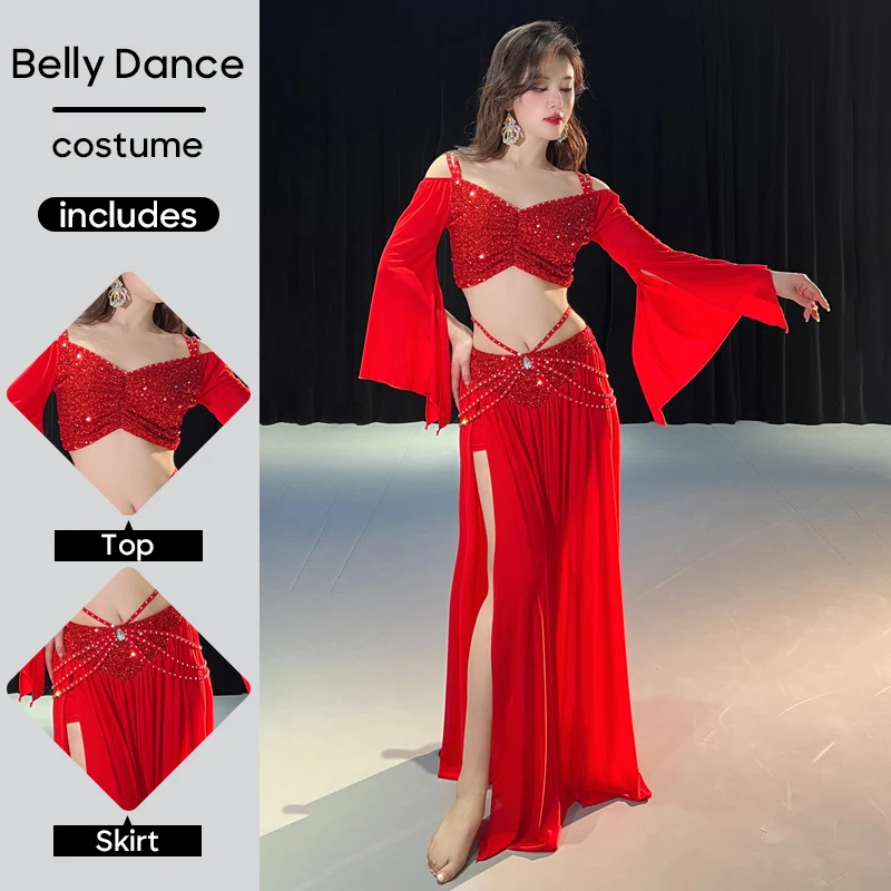 Belly-Dance-Costume-Set-Suit-Outfit-Top-and-Skirt-Sequin-Spring-Mesh ...