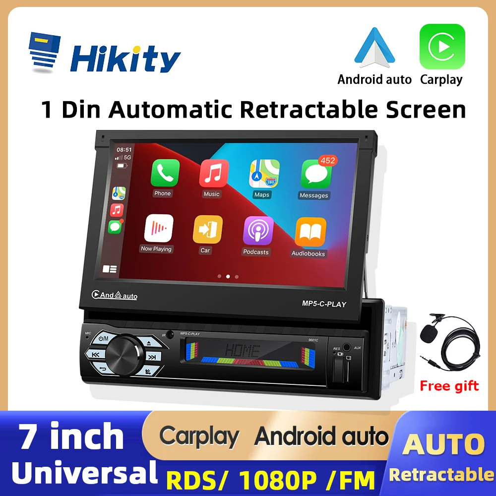 Hikity 1 Din Car Radio Carplay Automatic Retractable Screen Car Mp5 ...