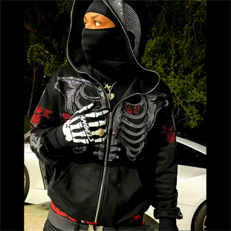 Goth Clothing Rhinestones Skeleton Jacket Hoodies Punk Long Sleeve Streetwear Oversized Zip Men ...