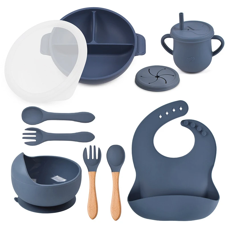 10 Pcs Baby Soft Silicone Bib Suction Cup Dining Plate Cup Fork Spoon ...