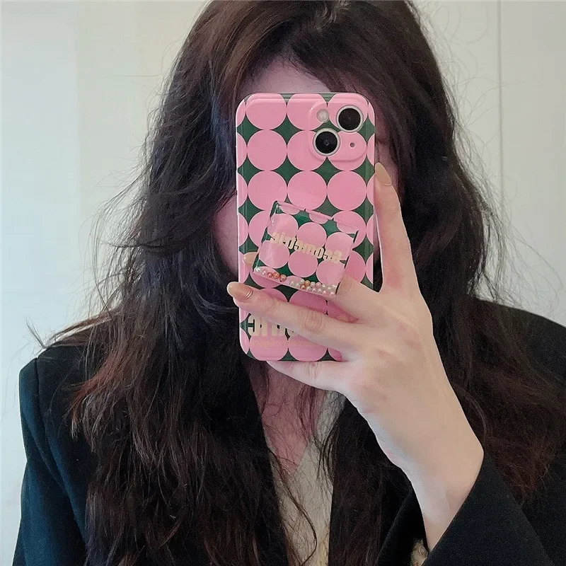 Korean-Style-Pink-Green-Diamond-Checkered-Phone-Case-for-IPhone-14-12 ...