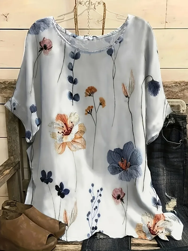 Top-con-estampado-de-flores-para-mujer-Top-de-manga-corta-cuello ...