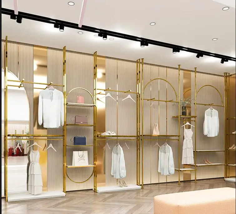 Perchero de exhibición de tienda de ropa dorada, colgador de acero ...