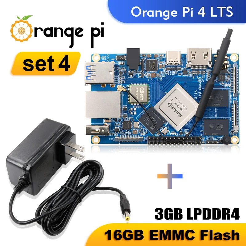 Orange Pi 4 LTS 3GB + 5V4A 전원 공급 장치 단일 보드 컴퓨터 RK3399 T Wifi BT5.0 개발 보드 실행 Android Ubuntu Debian ...