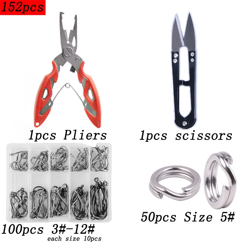 152pcs Fishing Plier Scissors Hook Ring Set with Fishing Lure Bait Tool ...
