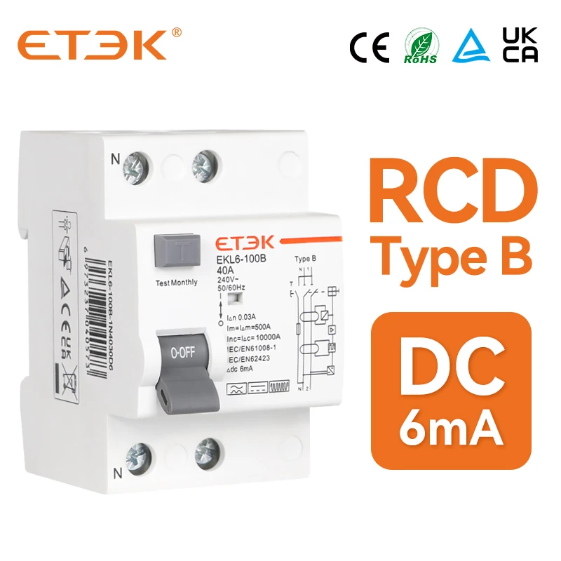 Etek Ekl6-100b-4030d6/ekl6-100b-6330d6 Rccb 10ka 1p+n 2p 4p 40a/63a 30ma Type B Dc 6ma Residual ...