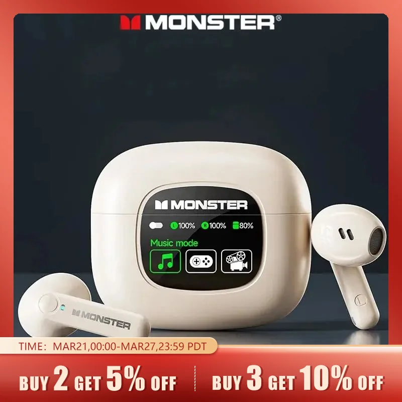 Monster XKT20 Wireless Earphones Bluetooth 5.4 LED Display Gaming ...