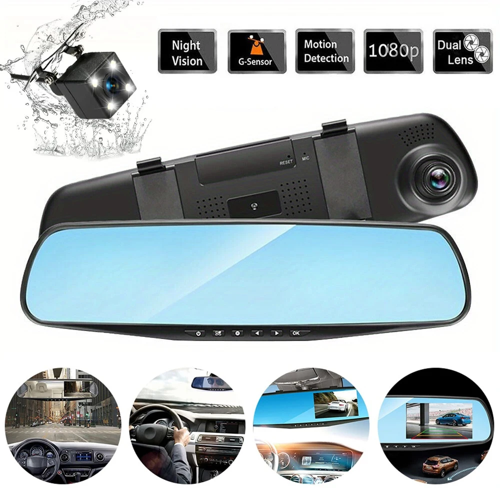 Dual Camera Dash Cam, Front/Rear Lenses, Rearview Mirror Cam, 64GB Card ...