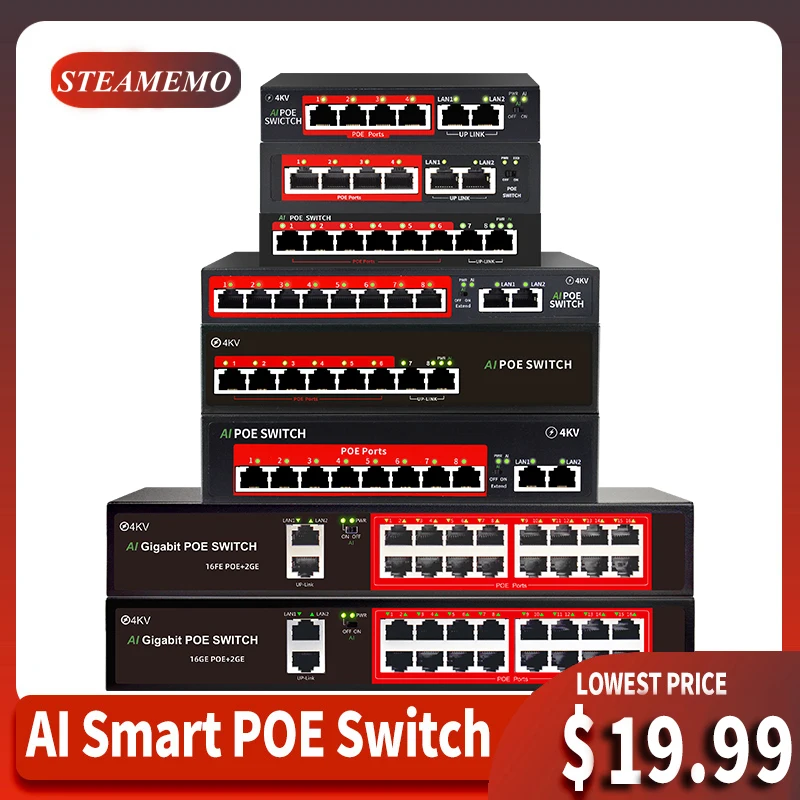 Steamemo Ai Poe Switch Standard Poe 4/8/16 Ports Network Switch ...