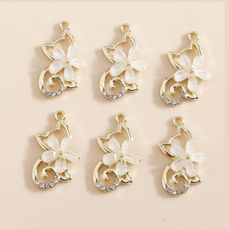 5pcs Lovely Crystal Cat and Flower Charms Gold Plated Pendant for ...