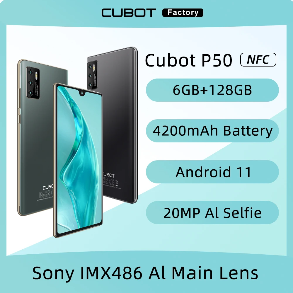 Cubot P50 안드로이드 스마트폰, 6GB RAM, 128GB ROM, 4200mAh, 6.217 인치 NFC, 20MP ...