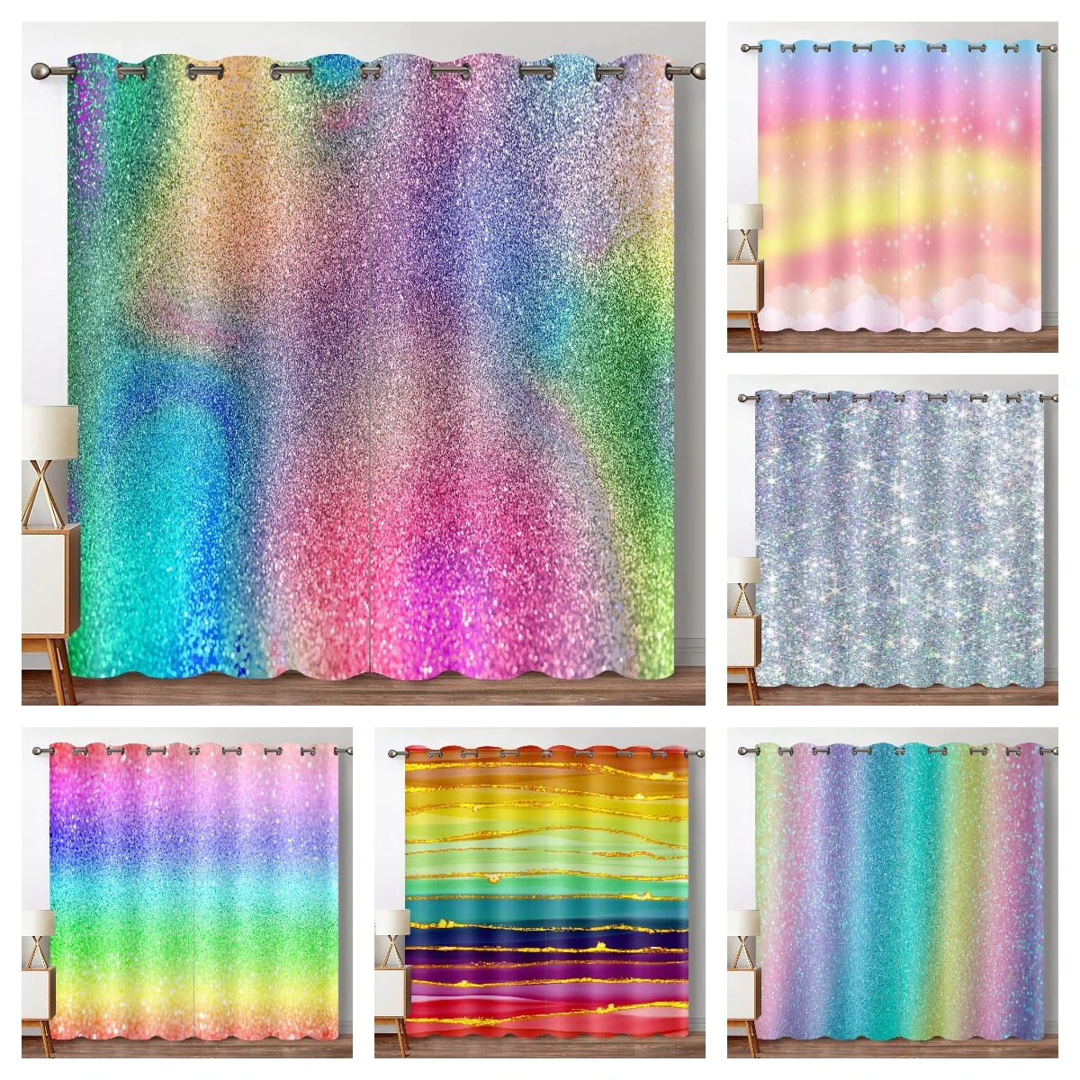 Glitter Rainbow Curtains Bright Colorful Starry Sky Window Curtain for ...
