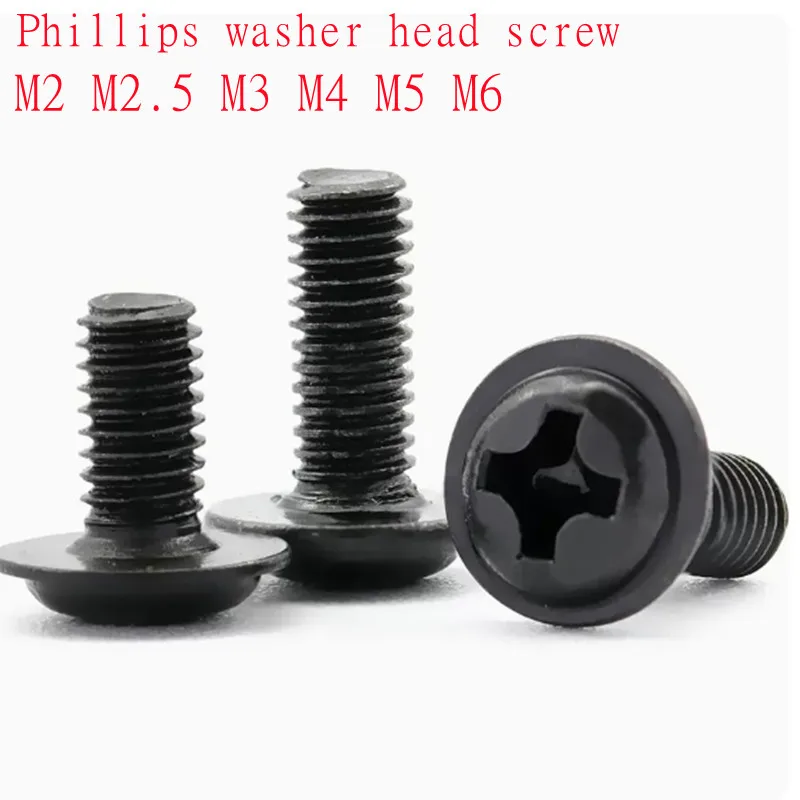 10-100Pcs M2 M2.5 M3 M4 M5 M6 Black Cross Phillips Pan Head With Washer Screw For PC Case ...