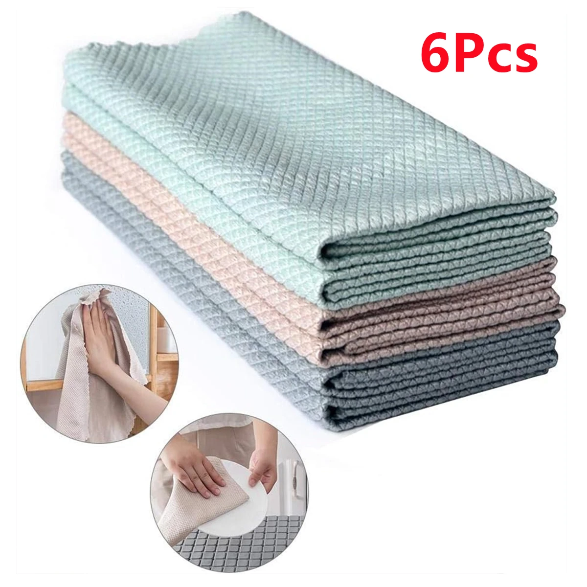 6Pcs Fish Scale Rag Microfiber Glass Cleaning Cloth Kitchen Dishcloths ...
