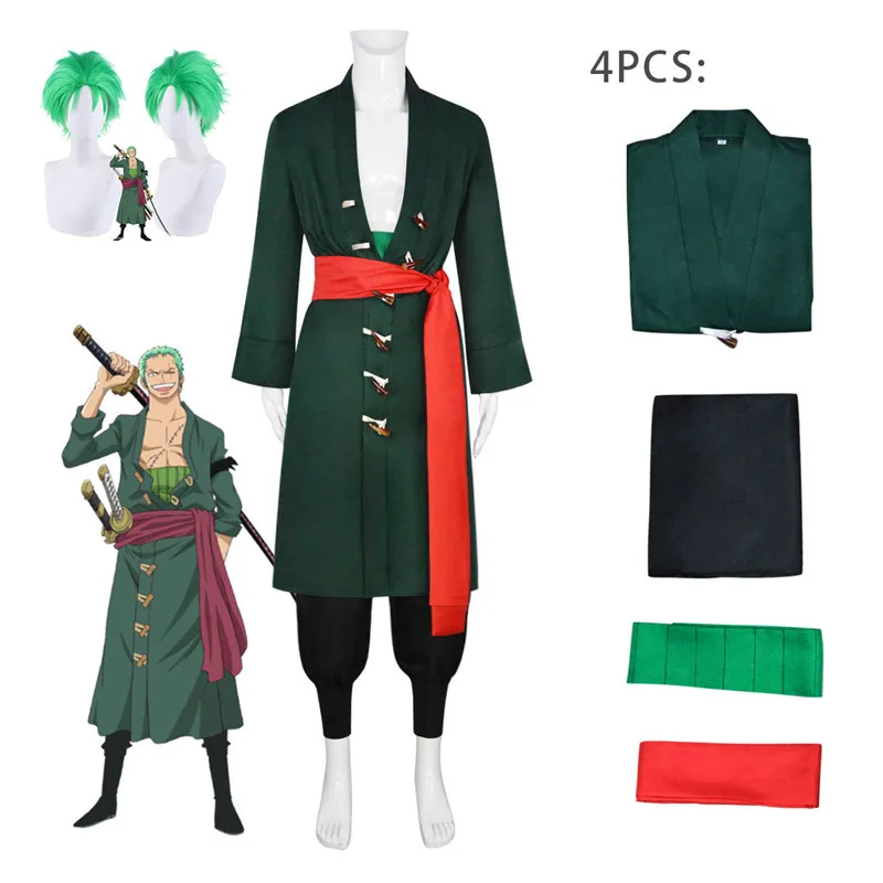 Anime Roronoa Zoro Cosplay Costume Green Coat Belt Pants Head Scarf Wig ...