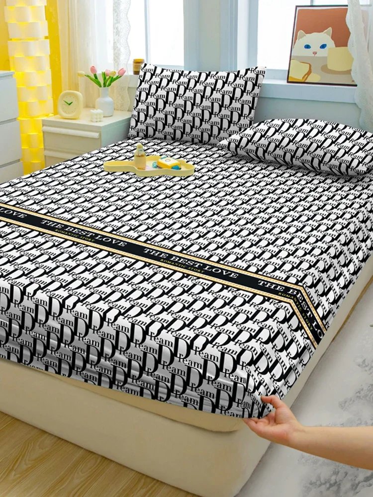 1-Simple-Modern-Letter-Printed-Matte-Fitted-Sheet-Bedroom-Printed-Bed ...