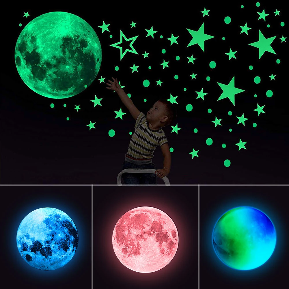 Luminous Moon Stars Wall Stickers for Kids room Bedroom Decor Glow in ...