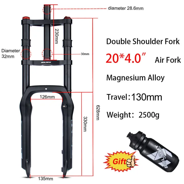 Bolany Double Shoulder Snow Fat Bike Fork 26"20"4.0" Air MTB Bicycle Suspension 32mm Straight ...
