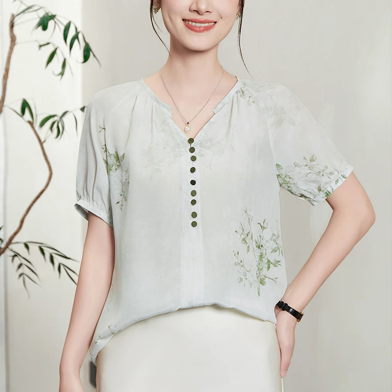 2026 Summer 100% Real Silk Women's Vintage Shirt Loose Tops Elegant ...