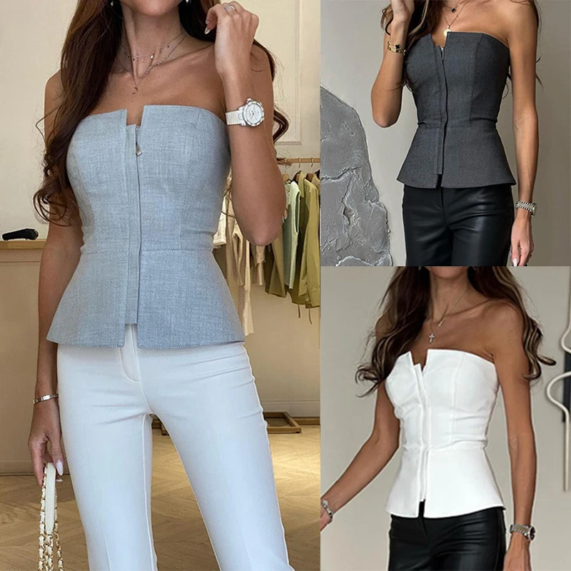 OL Evening Party Elegant Female 2024 Strapless Vest Tops Zipper ...