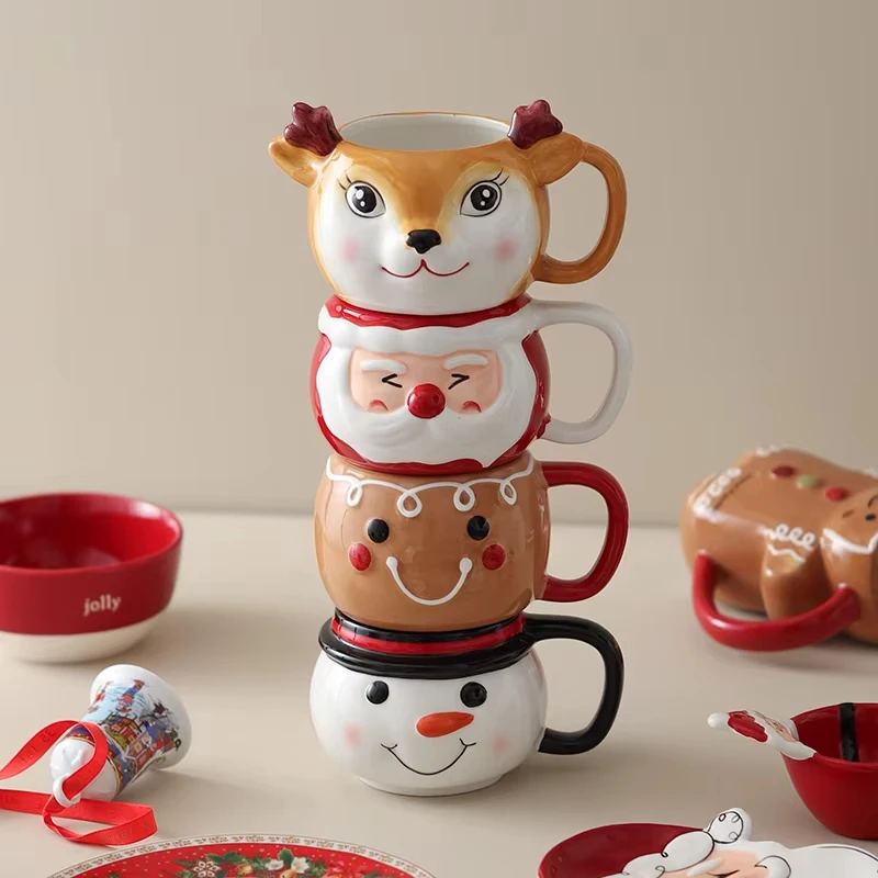 Cute Cartoon Elk Santa Claus Ceramic Coffee Mug Stacked Cups with ...