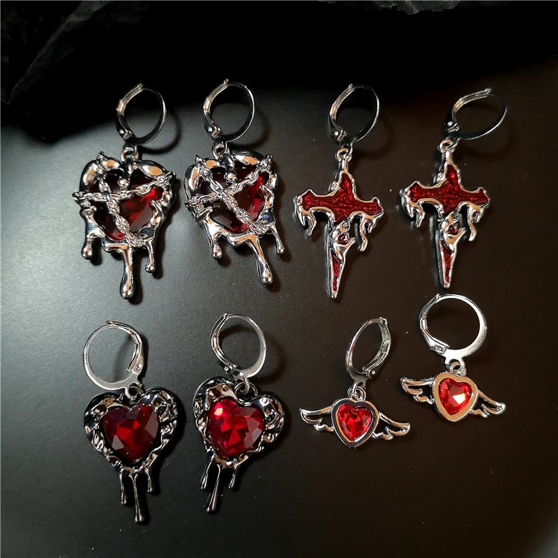 Gothic-Punk-Irregular-Red-Crystal-Heart-Cross-Pendant-Earrings-For ...