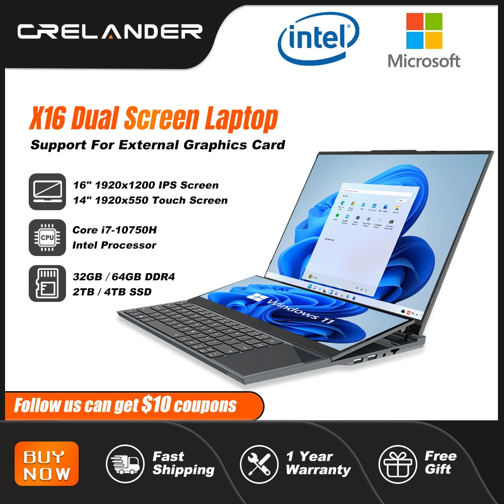 CRELANDER Dual Screen Laptop 16.1 Inch + 14.1 Inch Touch Screen Core i7 ...