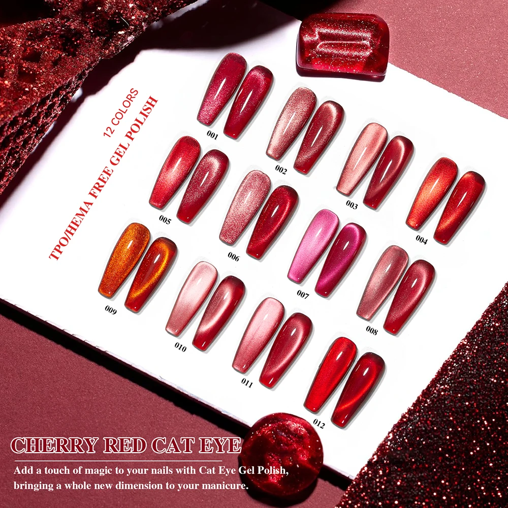 Vendeeni 12 Colors/set Glitter Pure Red Cat Eye Gel Nail Polish Ruby ...