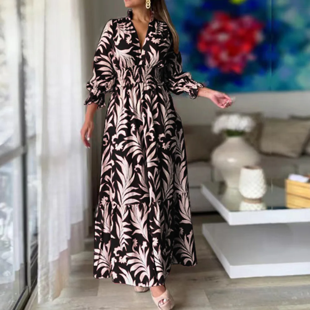 Fashion Floral Print Boho Long Sleeve High Waist Elegant Maxi Dress