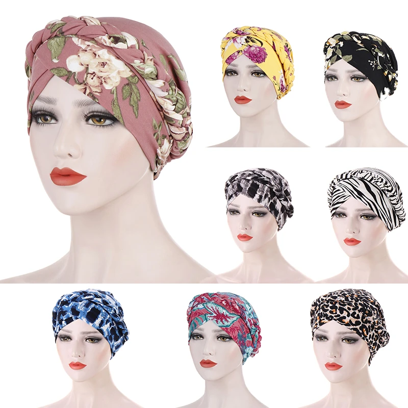 Islamic Print Brushed Milk Silk Turban Hat Flower Cloth Short Braided ...