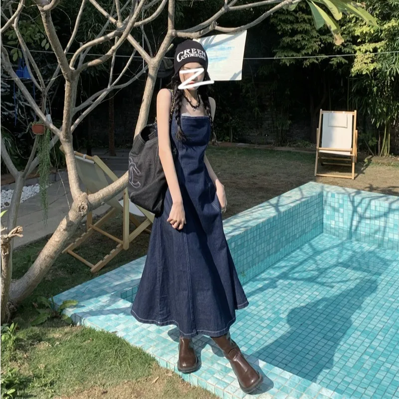 데님 서스펜더 드레스 여성용 서양식 나이 감소 슬리밍 프랑스 스타일 디자인 센스 틈새 세련된 레트로 홍콩 풍미 롱 드레스