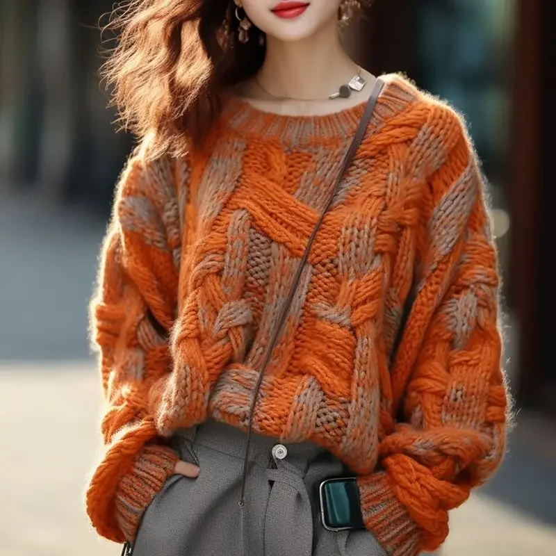 Fashionable-Women-s-Plus-Size-Orange-Pullover-Sweater-with-Classic ...