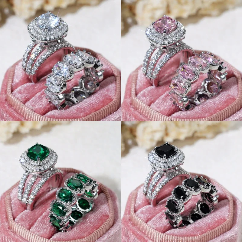 2024-Gorgeous-2Pcs-Wedding-Rings-for-Women-White-Pink-Green-Black-Cubic ...