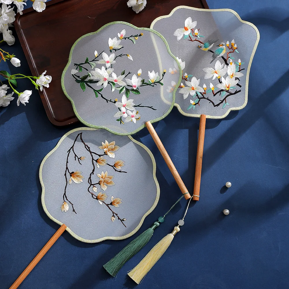 Embroidered Group Fan Ancient Style Fan Summer Long Handled Tassel ...