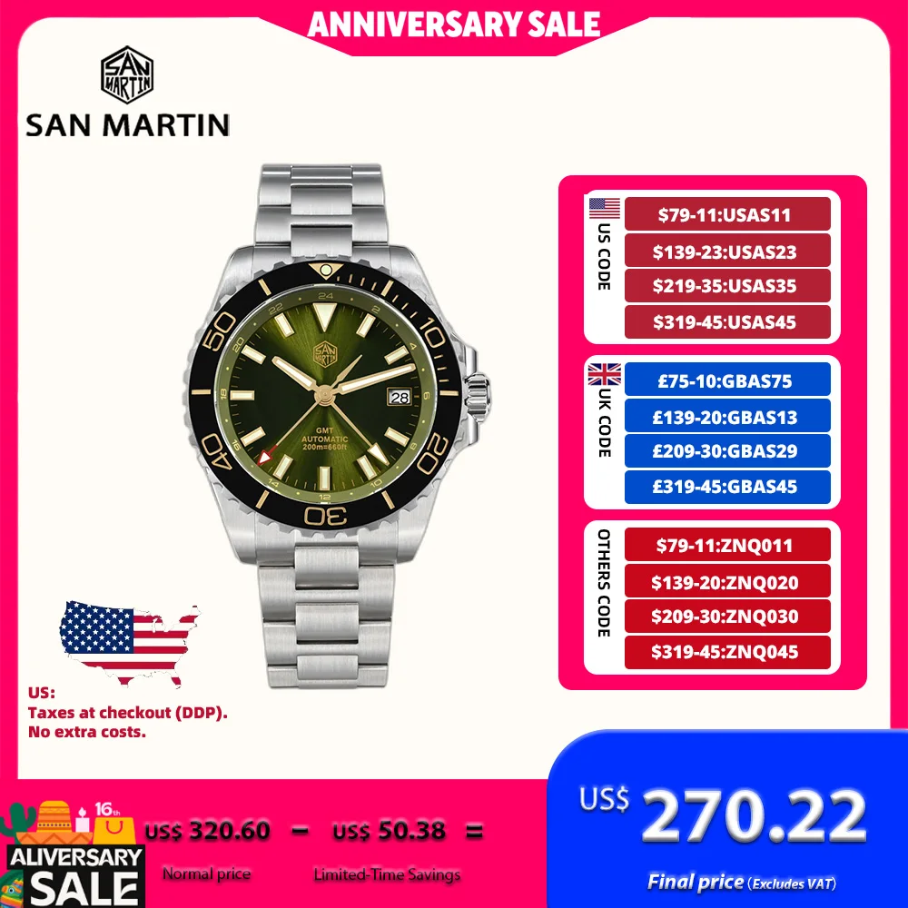 San Martin 39mm Automatic NH34 Men's Watch Sport GMT Diving 20Bar ...