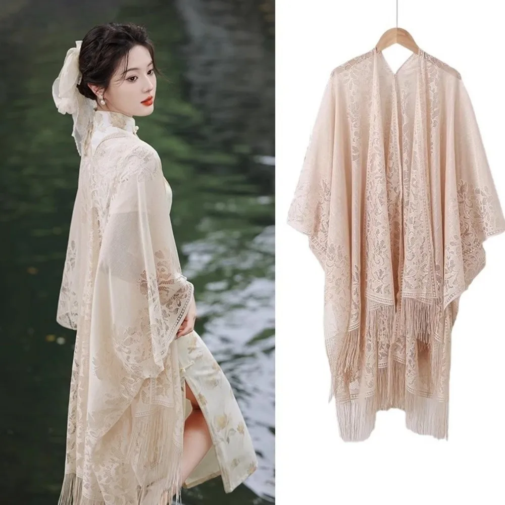 Pure Color Lace Cardigan Long Cloak Lightweight Drapey Hollow Out Shawl ...