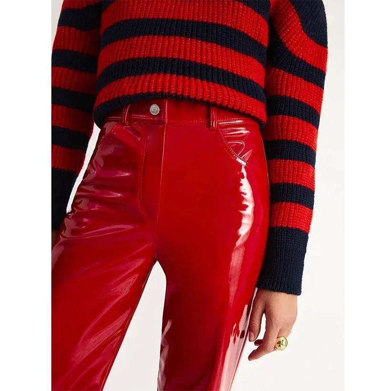Shiny-Red-Patent-Leather-Straight-Pants-Women-High-Waist-PVC-Slim ...