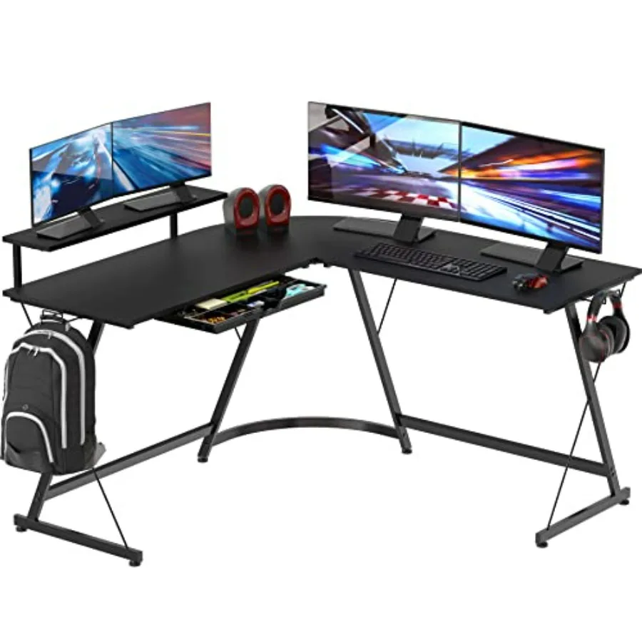 51 x 51 Inches L-Shaped Desk with Monitor Stand and Drawer in Black for ...