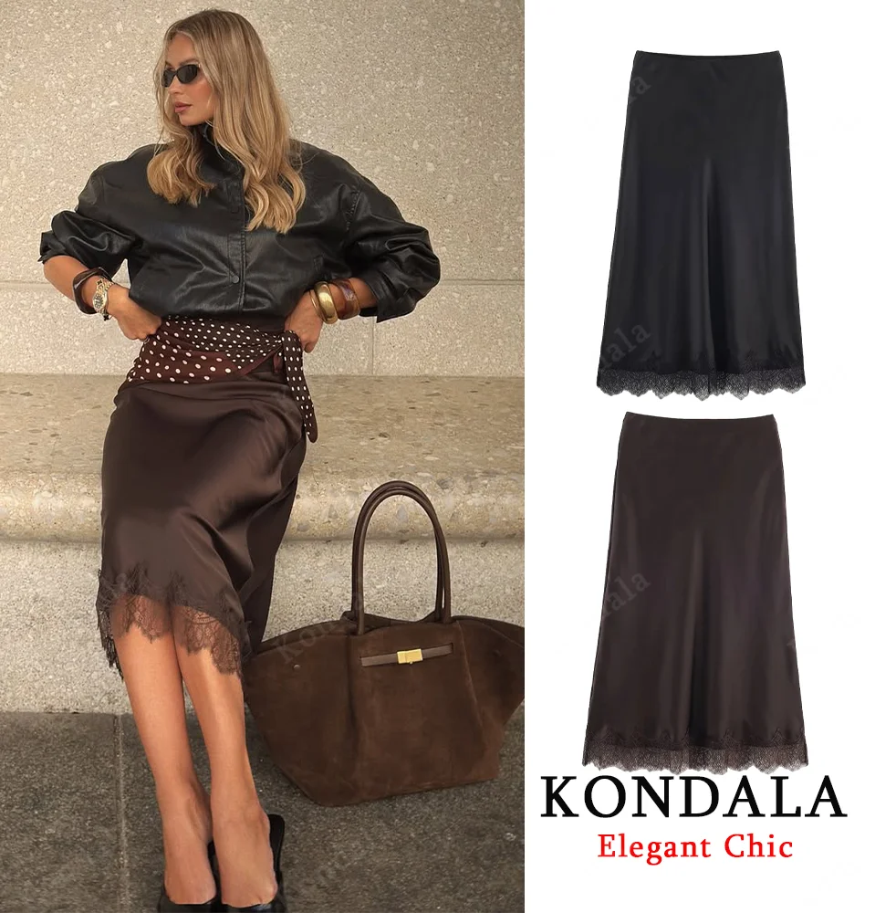 KONDALA Satin Lace Midi Skirt Women's Elegant Luxury Dinner Dating Lace ...