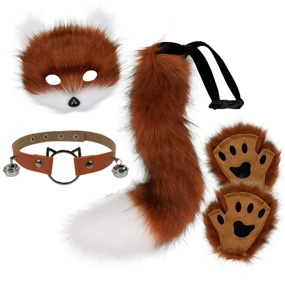 5pcs Hot Sale Fluffy Fur Fox Tail Cat Paws Gloves Wolf Mask Set ...