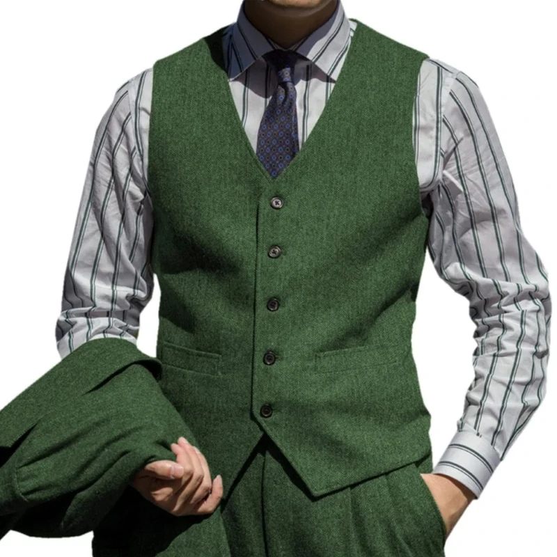 Men Suit Green Herringbone Single Button Waistcoat For Wedding Birthday ...