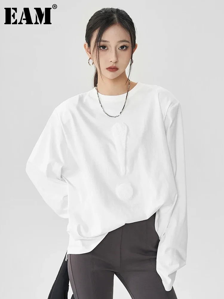 EAM-Women-White-Embroidery-Big-Size-Casual-T-shirt-New-Round-Neck-Long ...