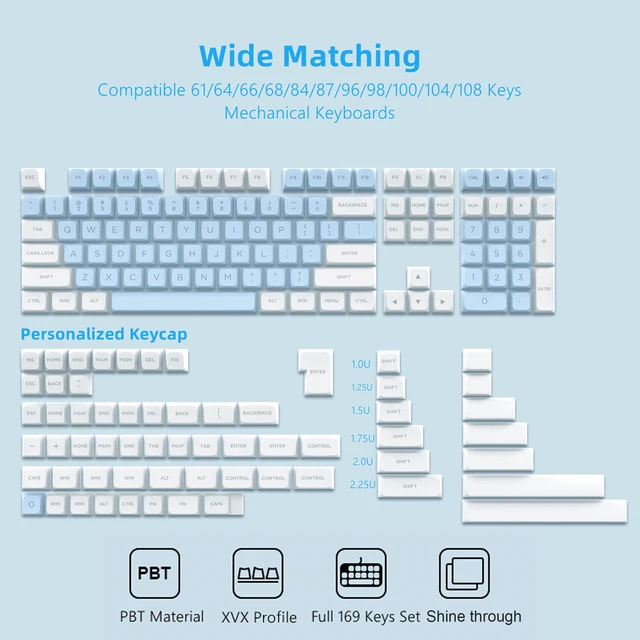 BOW/WOB Double Shot PBT Keycaps 187 Keys XVX Profile Custom Shine ...