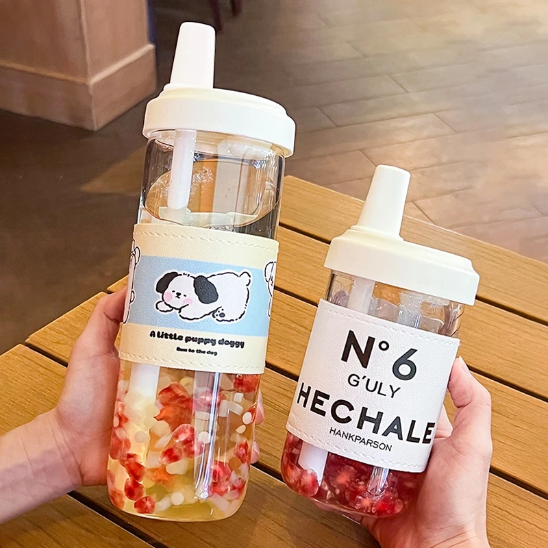 500/850ml Water Bottles Juice Milk Plastic Cup with Lid Straw Bubble ...